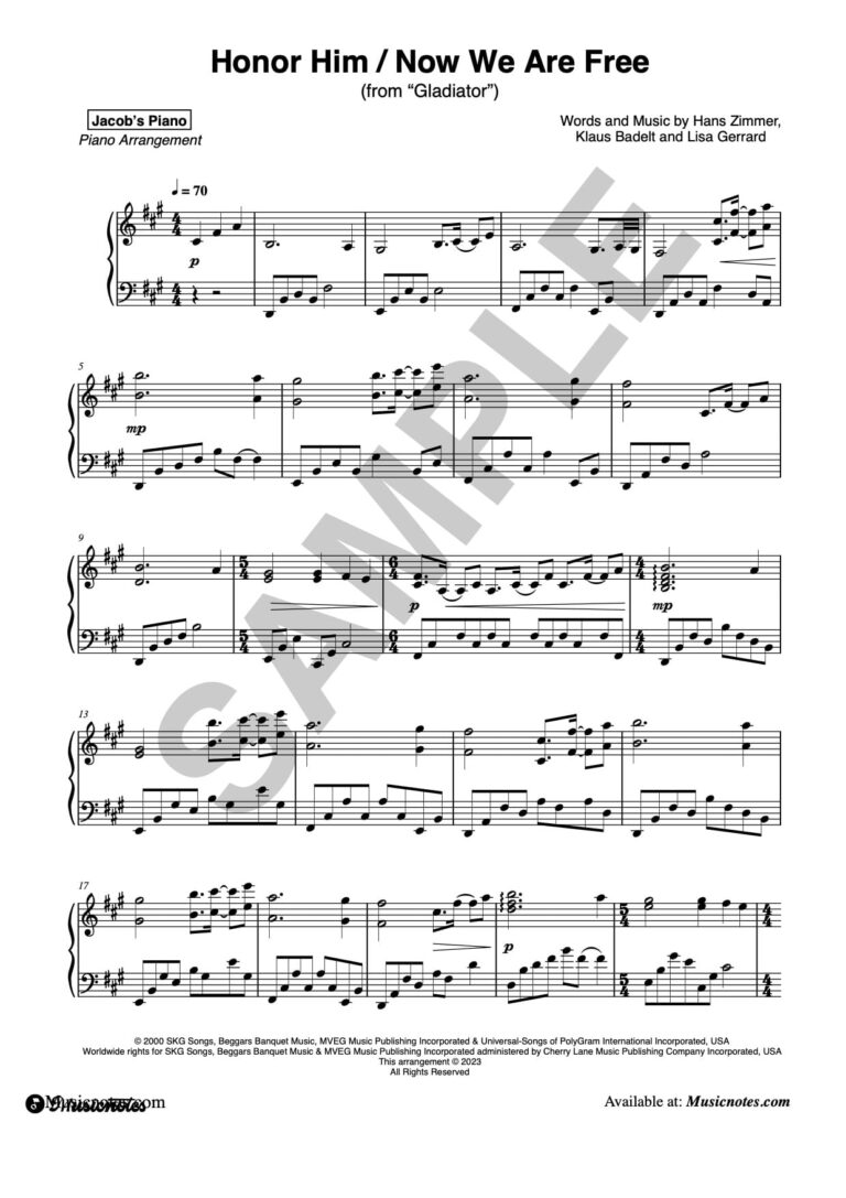 Now We Are Free (from "Gladiator") (Sheet Music) - By Jacob's Piano